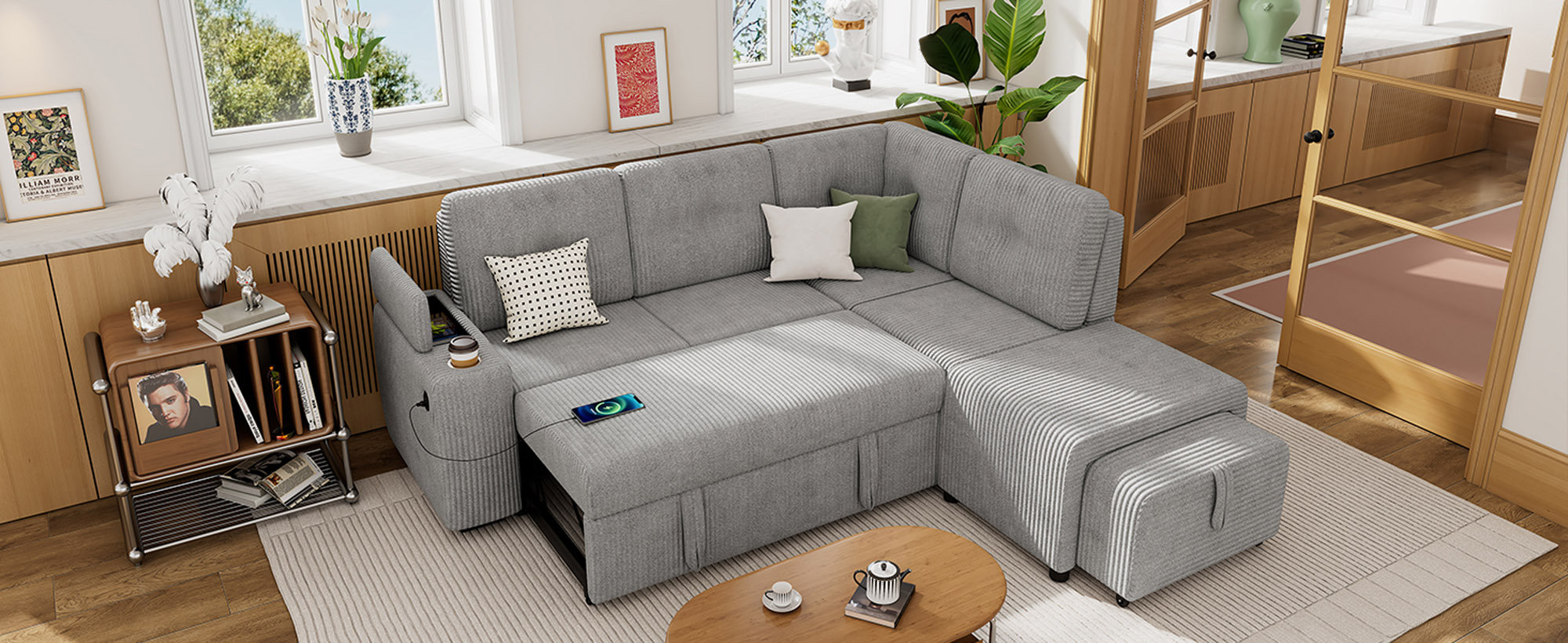 Latitude Run® 94" Sectional Sofa Pull-Out Sofa Bed L-Shaped Sofa With Movable Ottoman And Stool ...